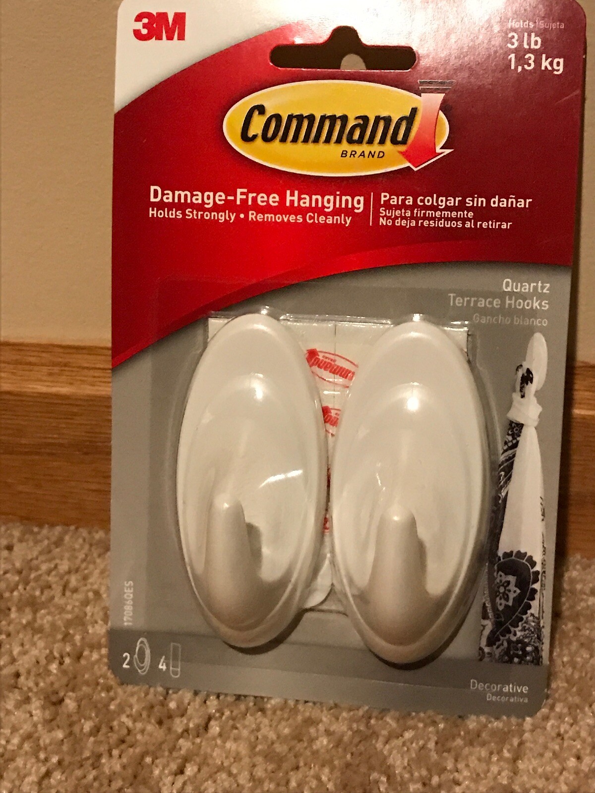 Command 3M Quartz Terrace Decor Hook, 2 Hooks, 4 Strips, Weight Capacity 3 lbs | eBay