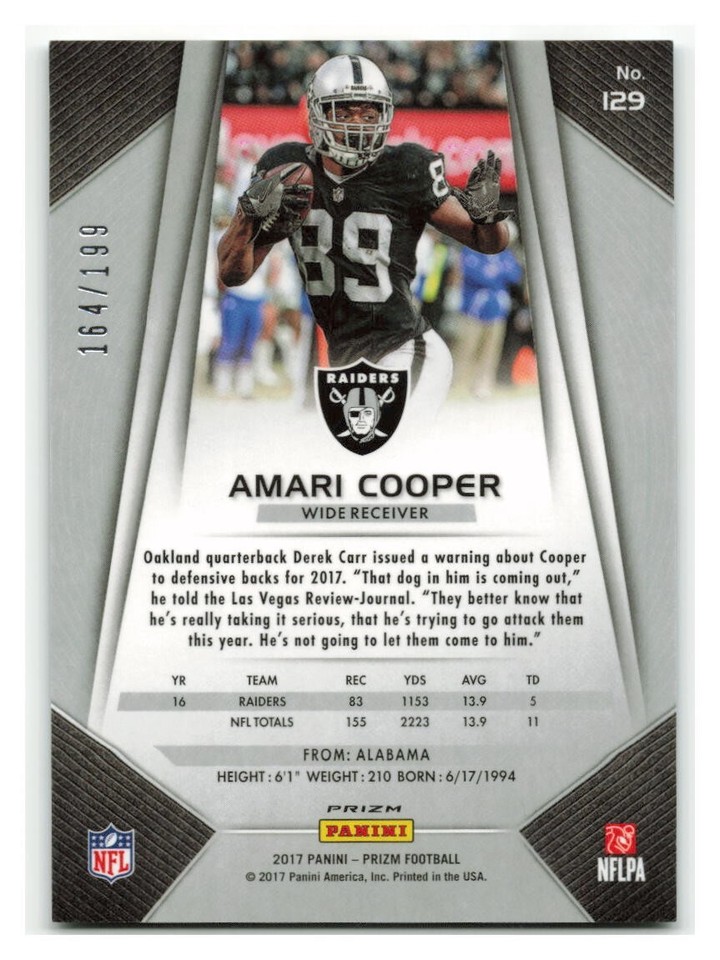 Amari Cooper 2017 Panini Prizm Blue Parallel SP /199 #129 - RAIDERS ...