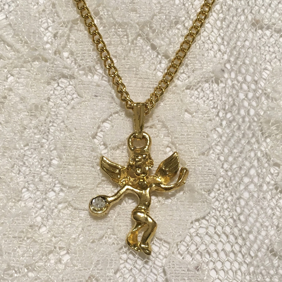 Angel Cherub Pendant Necklace Gold tone with Rhinestone 18" | eBay