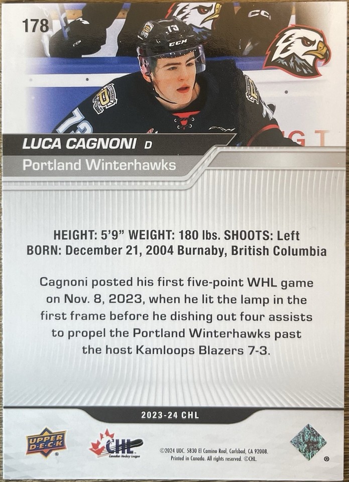 Luca Cagnoni Rookie - 2023-24 Upper Deck CHL #178 (RC) - San Jose ...