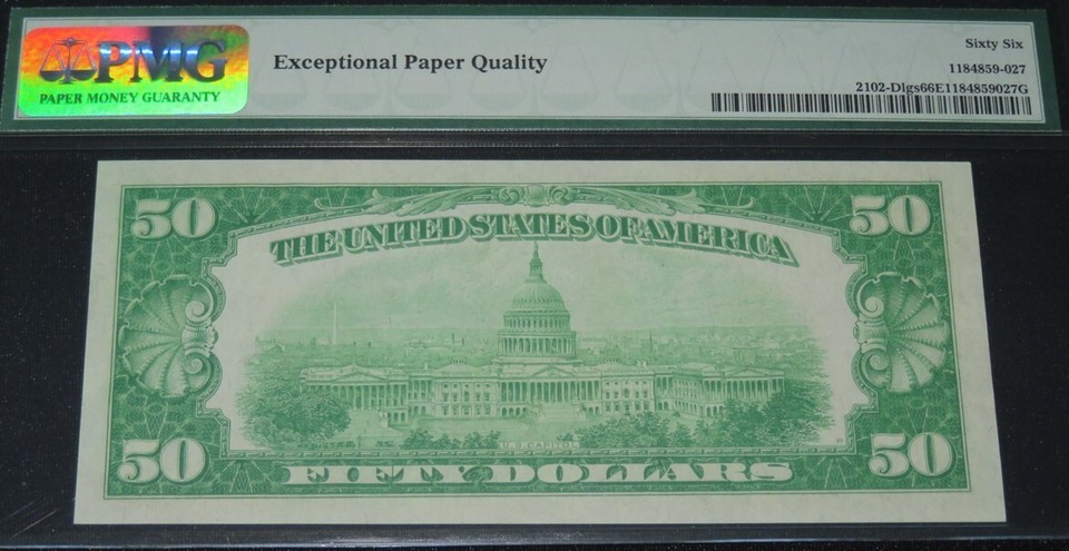 TOP POP NOTE. LGS. LIGHT GREEN SEAL. $50 1934 Cleveland FRN. PMG 66 EPQ ...