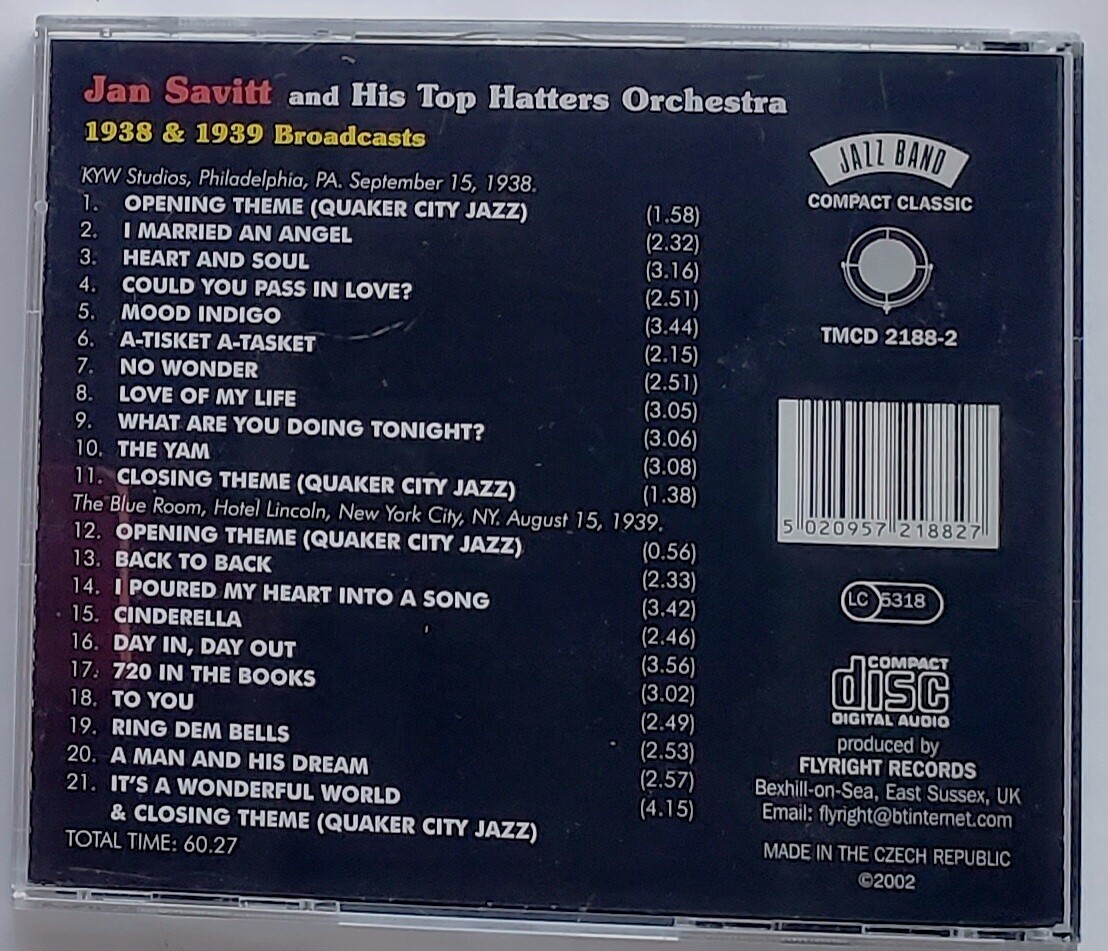 Jan Savitt & His Top Hatters CD 1938 and 1939 Broadcasts - Carlotta ...