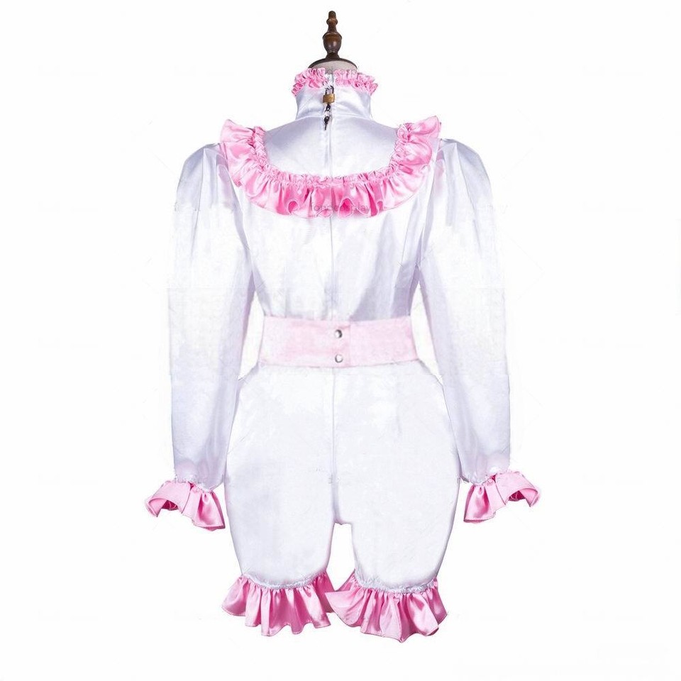 Girl Maid Sissy Romper Lockable White Satin Jumpsuits cosplay costumes ...
