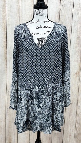 Free People Dreamy Daze Mini Dress XS Navy White Floral Long Sleeve ...