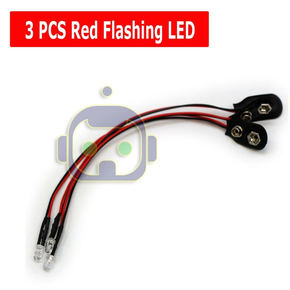 1~5 Pre Wired 5mm LED 9 Volt Red Flashing On Snap 9V Battery Clip Blink ...