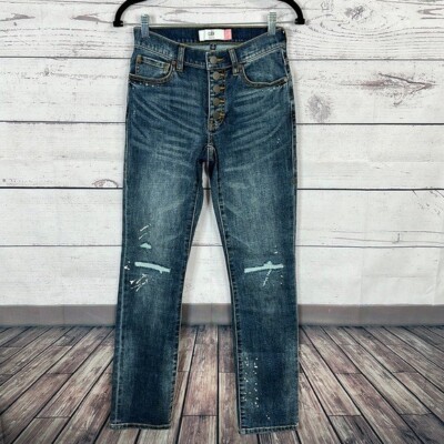 Cabi Jeans Womens 0 Blue Exposed Button Fly Straight Distressed Midrise ...