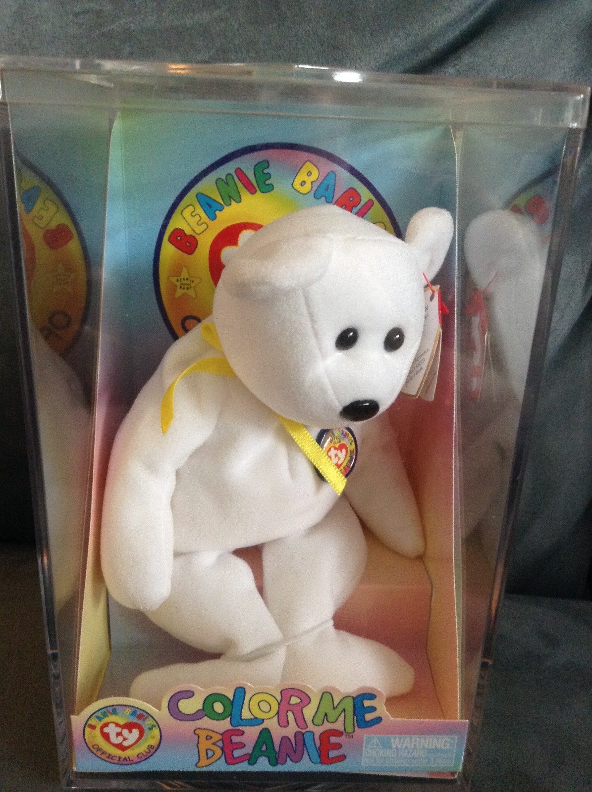 TY BEANIE BABIES WHITE BEAR COLOR ME BEANIE 2002 WITH YELLOW BOW - NEW ...