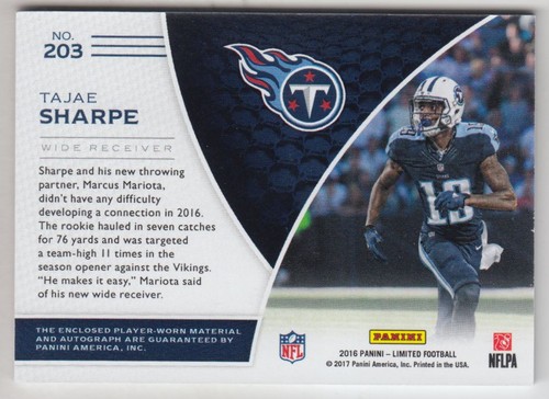 2016 Panini Limited - Rookie Patch Autographs Tajae Sharpe #203 ...