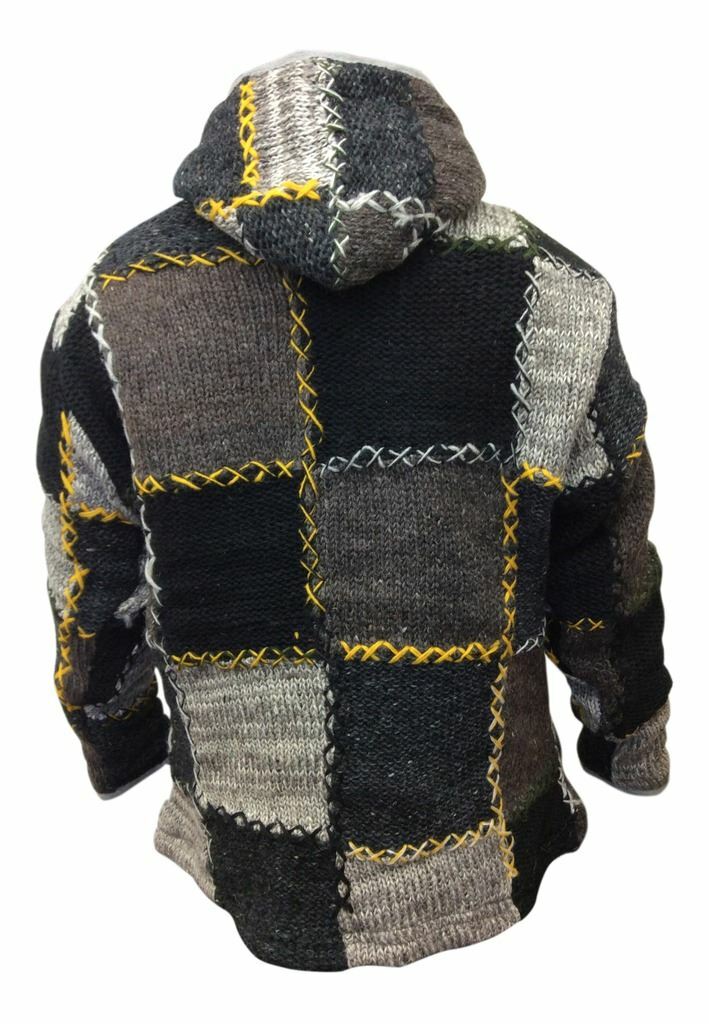 Mens Wool Patchwork Fleece Lined Hippy Jacket Boho Superwarm Winter Zip ...