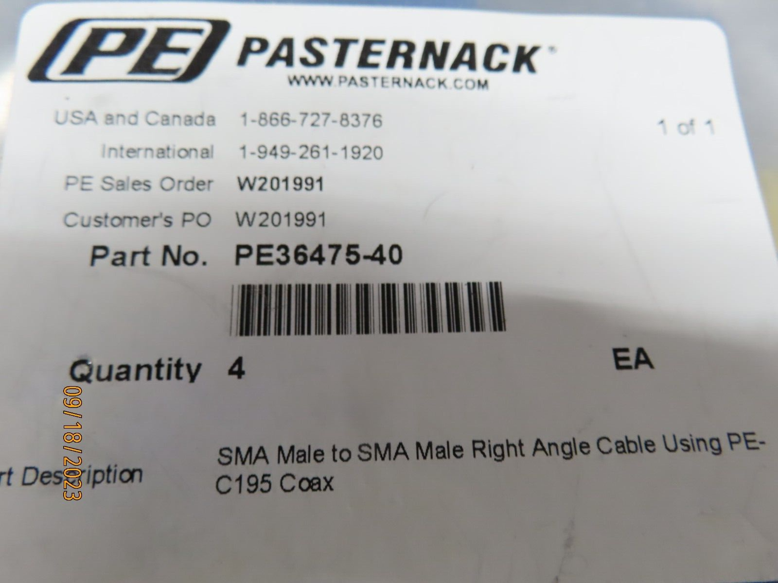 PASTERNACK PE36475-40 SMA Male to SMA Male Right Angle Cable Using PE-C195 Coax | eBay
