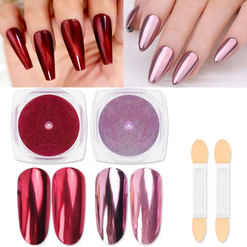 2Pcs Red Rose Gold Metallic Mirror Effect Chrome Nail Powder Kit for ...