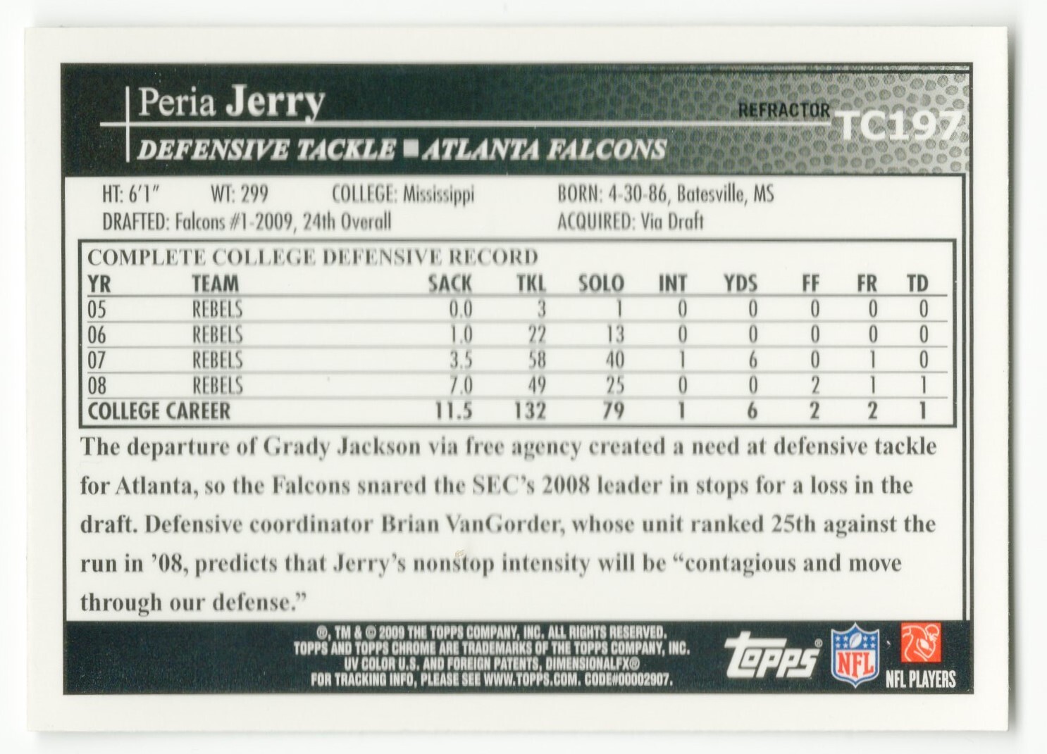 2009 Topps Chrome Peria Jerry #TC197 Atlanta Falcons | eBay