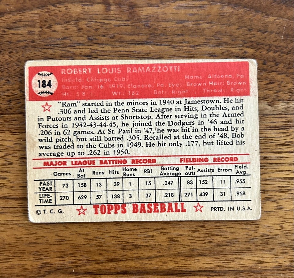 1952 Topps Set-Break #184 Bob Ramazzotti VG-VGEX | eBay