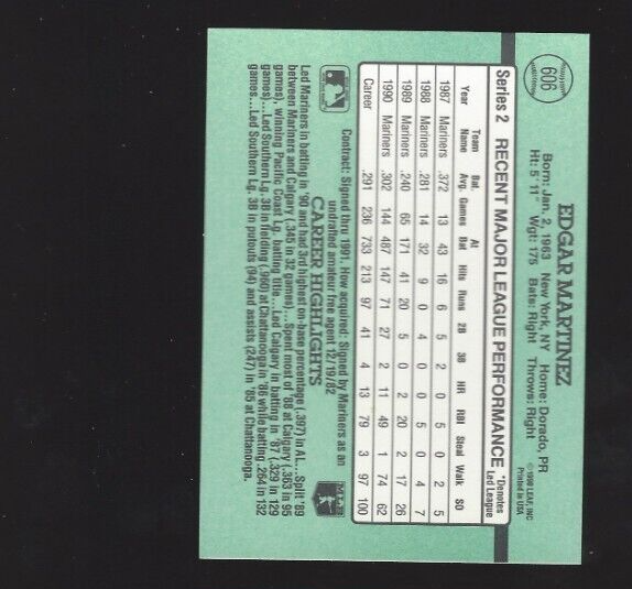 EDGAR MARTINEZ # 606 - 1991 Donruss Baseball Card Seattle Mariners | eBay