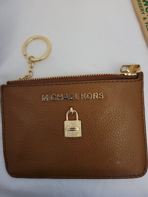 Michael Kors Small Brown Leather Zip Up Id Key Ring Lock Decor Wallet ...