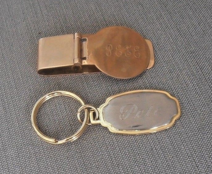 VINTAGE & GORGEOUS OLD GOLD COLORED MONEY CLIP & KEYCHAIN ENGRAVED PETE ...