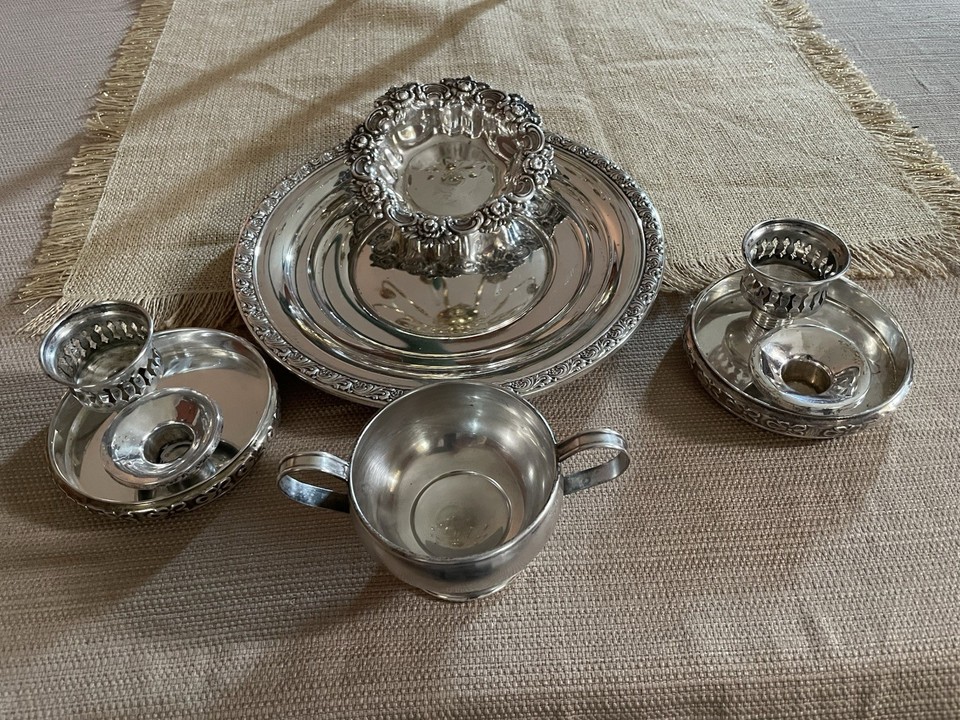 540g PURE STERLING SIlVER No Weighting: ROUND TRAY; BOWLS; BOTTLE ...