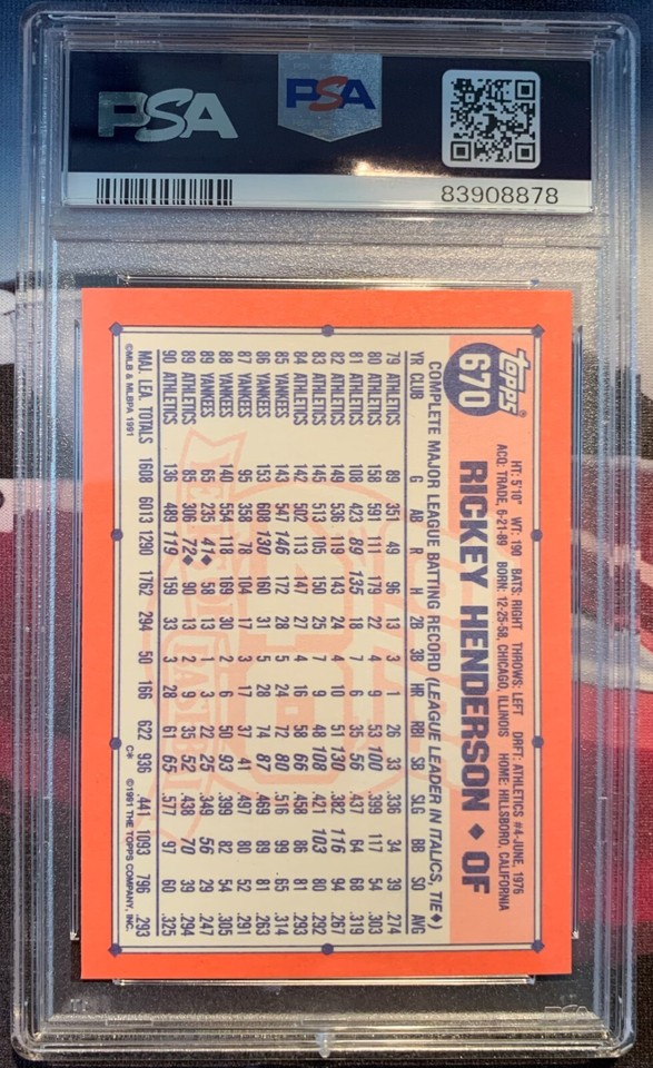 1991 TOPPS TIFFANY RICKEY HENDERSON #670 PSA 10 GEM MINT HALL OF FAME ...