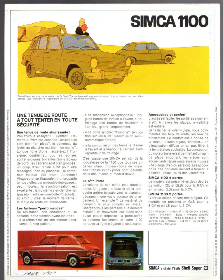 Simca 1100 Hatchback 1968-69 French Market Single Sheet Sales Brochure ...