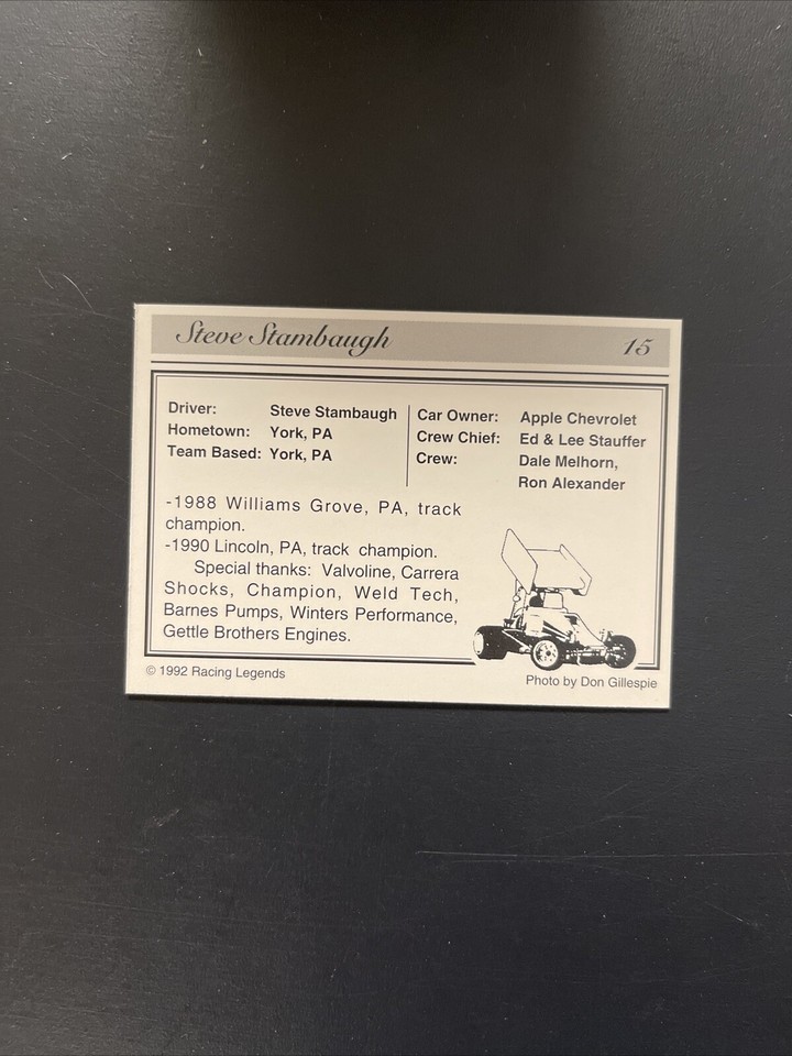 1992 Racing Legends Sprint Car Steve Stambaugh #15 Card York PA | eBay