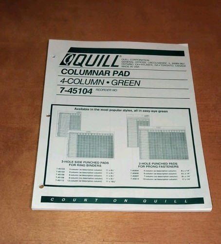 New Quill Columnar Pad 4 Columns 11" x 8 1/2" 7-45104 50 One Sided ...