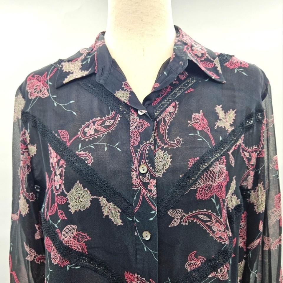 Edward Silk Sheer Black & Floral Vintage Blouse with Lace Size XL | eBay