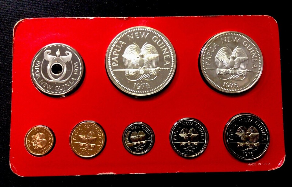1976 PAPAU NEW GUINEA 8 COIN PROOF SET, EXOTIC FAUNA. 5K & 10K SILVER ...