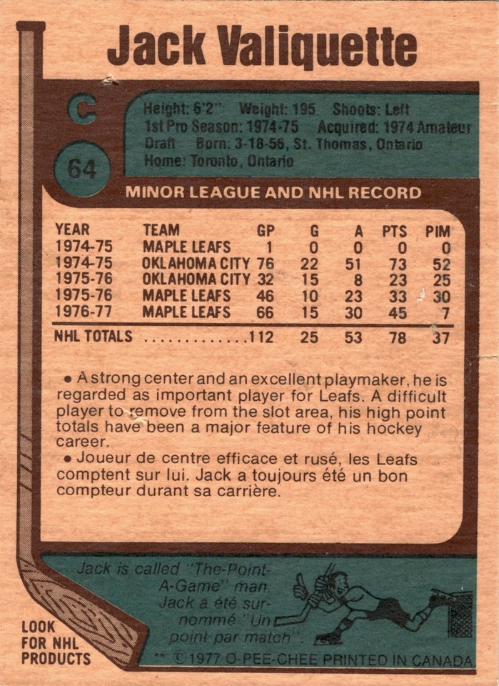 1977 Topps #64 Jack Valiquette Great! Free ship! | eBay