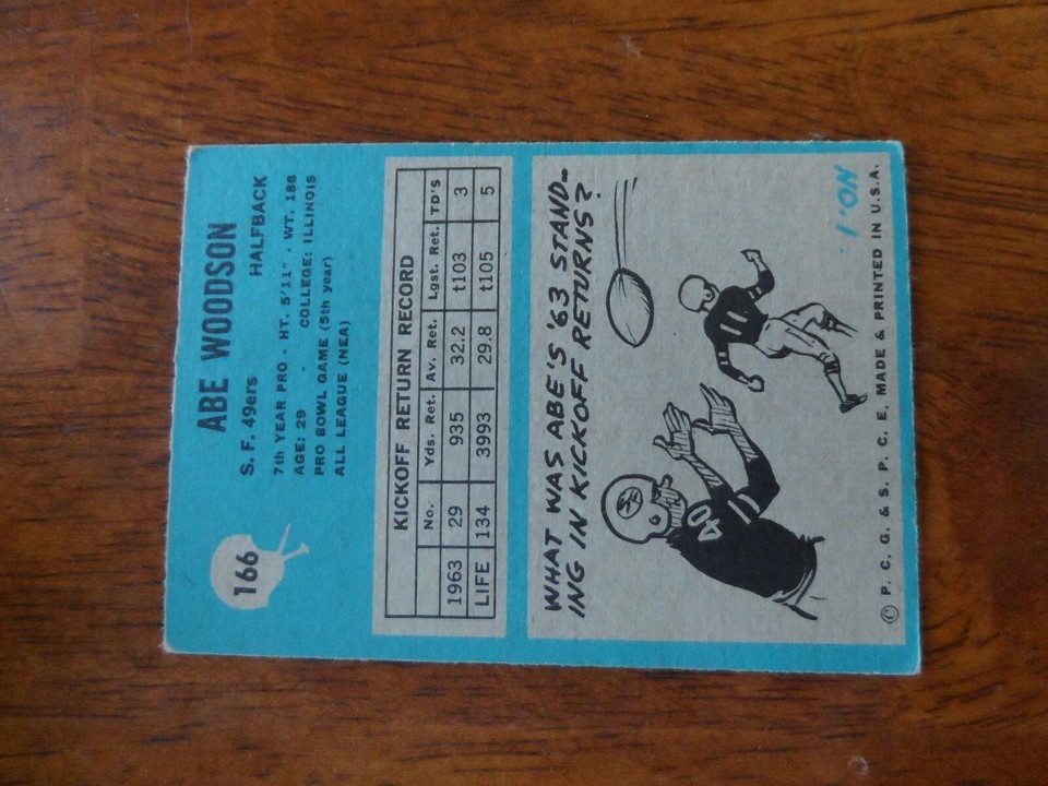 1964 PHILADELPHIA FOOTBALL #166 ABE WOODSON SNA FRANCISCO 49ERS VG A ...