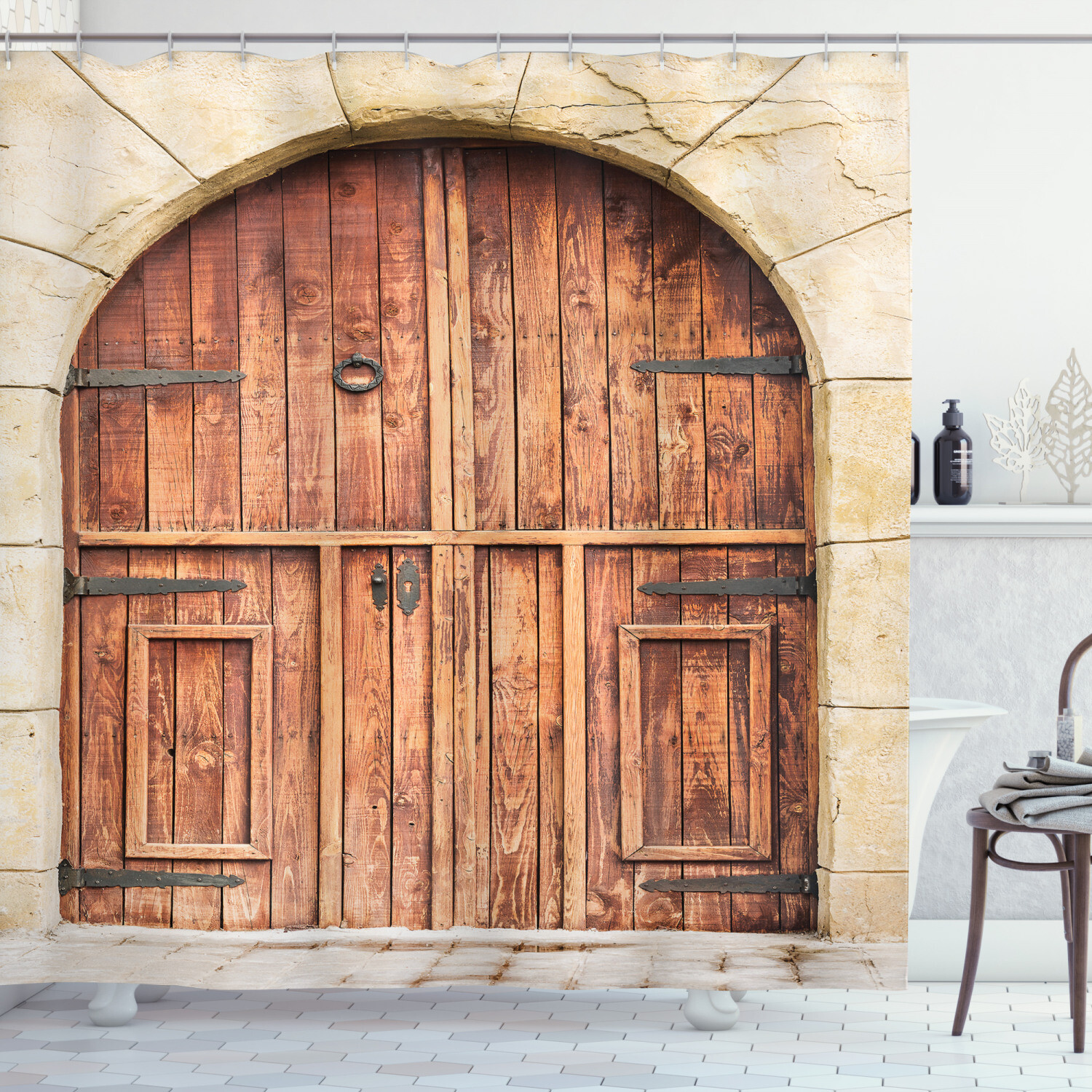 Shower Curtain Door Decor Authentic Old Wooden Gate Brown 84 Inches ...