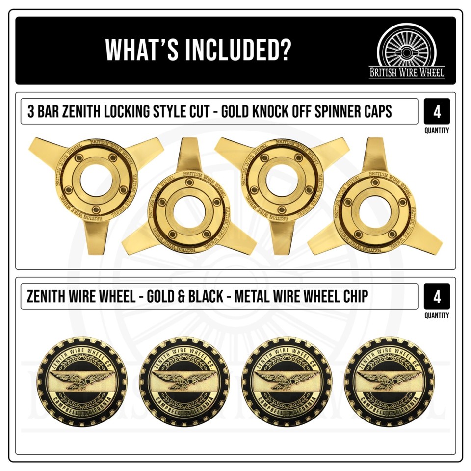 Gold KO Spinner Caps with Zenith Gold & Black Wire Wheel Chip Emblems ...