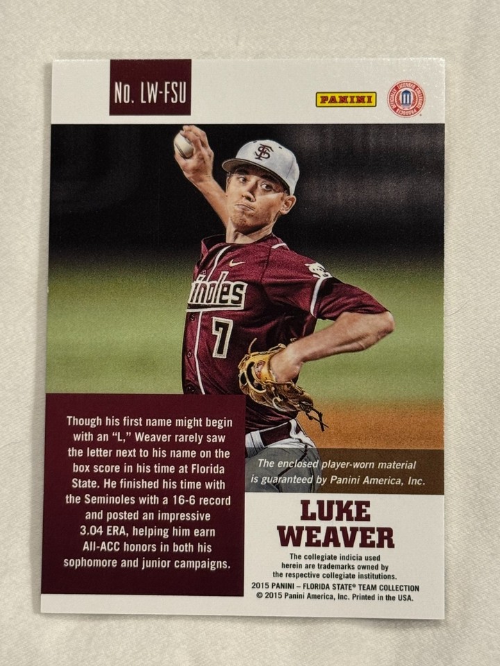 2015 Panini FSU Team Collection Luke Weaver Relic Card New York Yankees ...