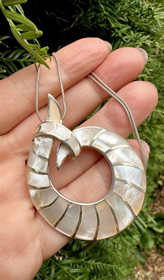 Large Silver Maori Koru Mother Of Pearl Paua Shell Pendant Necklace | eBay