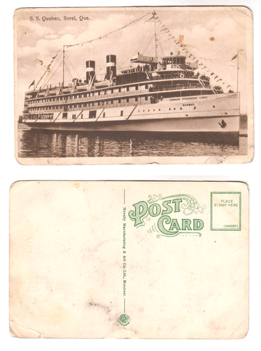 NAVIRE S.S. QUEBEC SHIP AT SOREL, QUE. CANADA VINTAGE UNPOSTED SOILED ...
