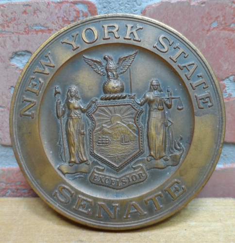 NEW YORK STATE SENATE EXCELSIOR Old Bronze Paperweight Medallion Ornate ...