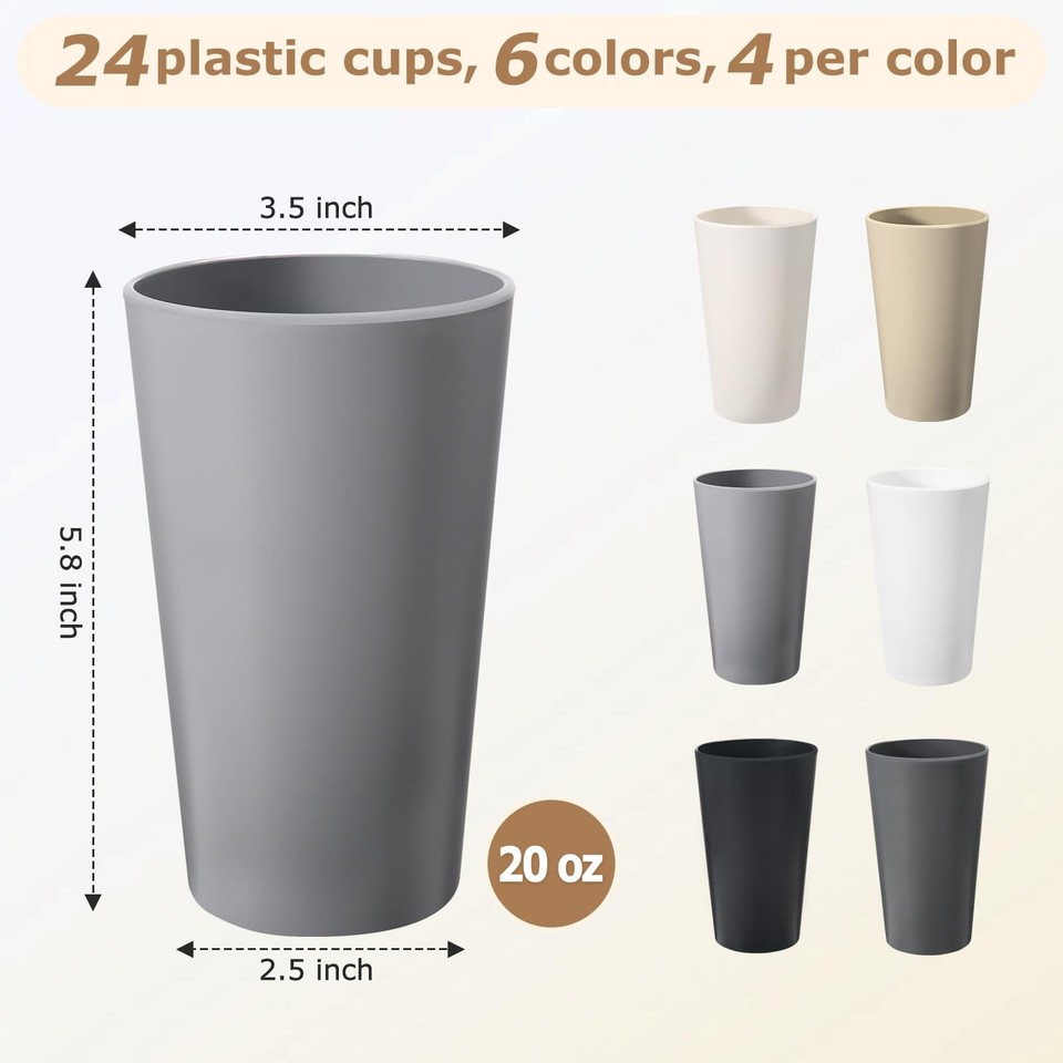 24 Pcs Unbreakable Plastic Cups Set, 20 oz Reusable Plastic Cups ...