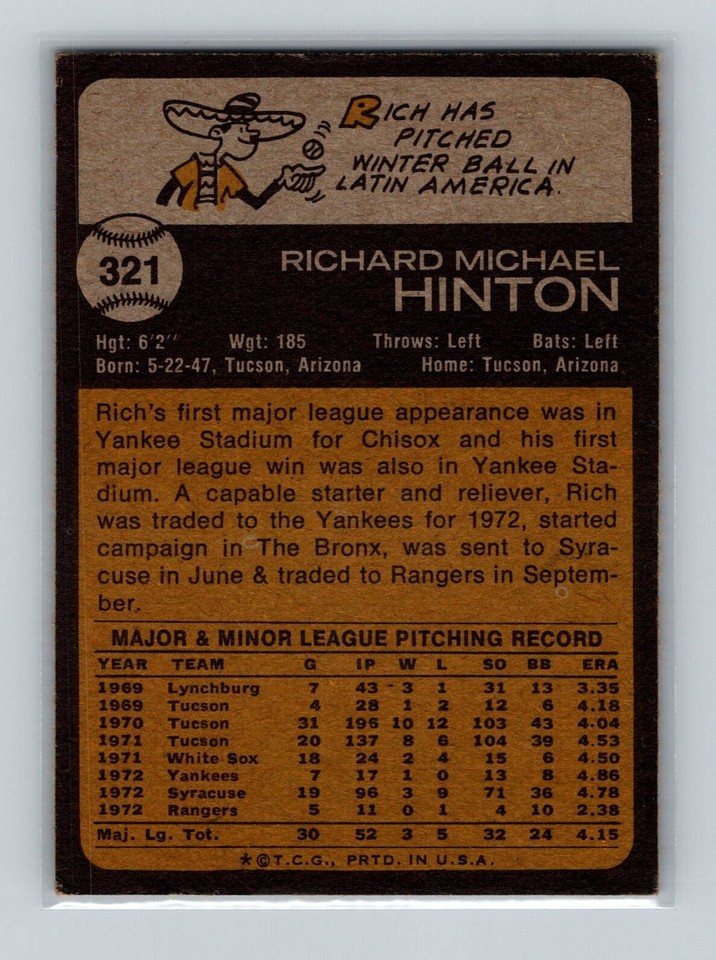 1973 Topps #321 Rich Hinton Texas Rangers Baseball Card | eBay