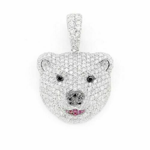 2Ct Round Cut Lab Created Diamond Teddy Bear Pendant Chain 14k White ...