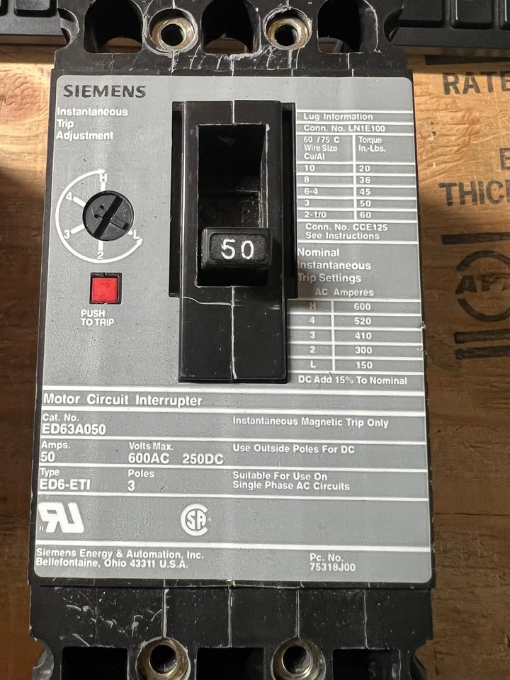 ED63A050 Siemens 50 Amp 600V 3 Pole Motor Circuit Interrupter Circuit ...