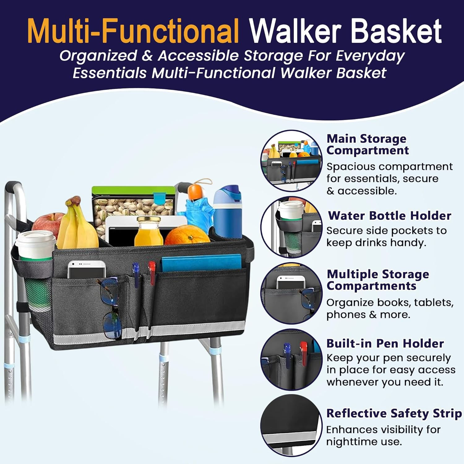 Walker Basket with Cup Holder – Folding Walker Accessories with Multi ...