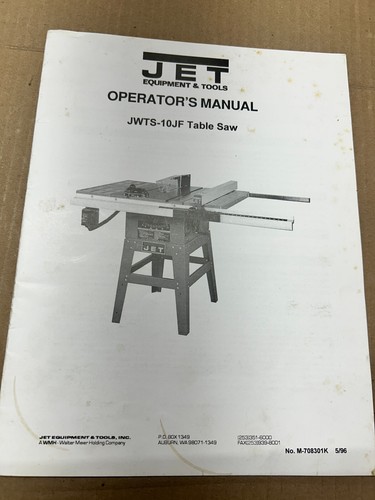 JET 10" Table Saw JWTS-10JF , Operator's Manual | eBay