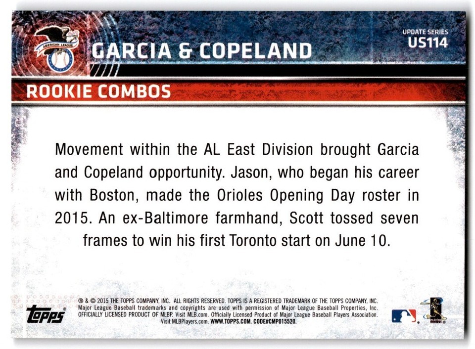 2015 Topps Update Jason Garcia/Scott Copeland RC Baltimore Orioles ...