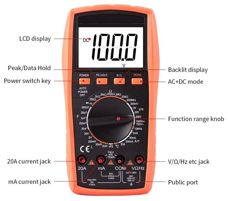 Backlit Digital Multimeter w/ Large LCD Display, Measures DCV, ACV, DCA ...