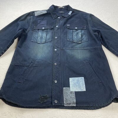 Akoo Brand Denim Jean Jacket Men Dark Wash Blue XXL Full Zip Distressed ...
