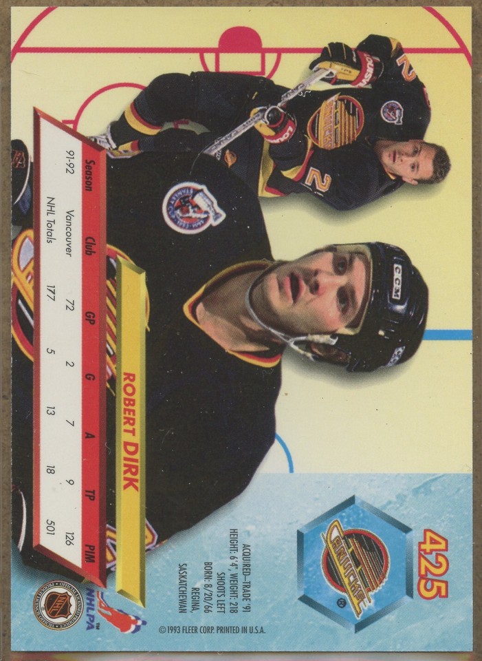 1992-93 Fleer Ultra #425 Robert Dirk Vancouver Cannucks | eBay