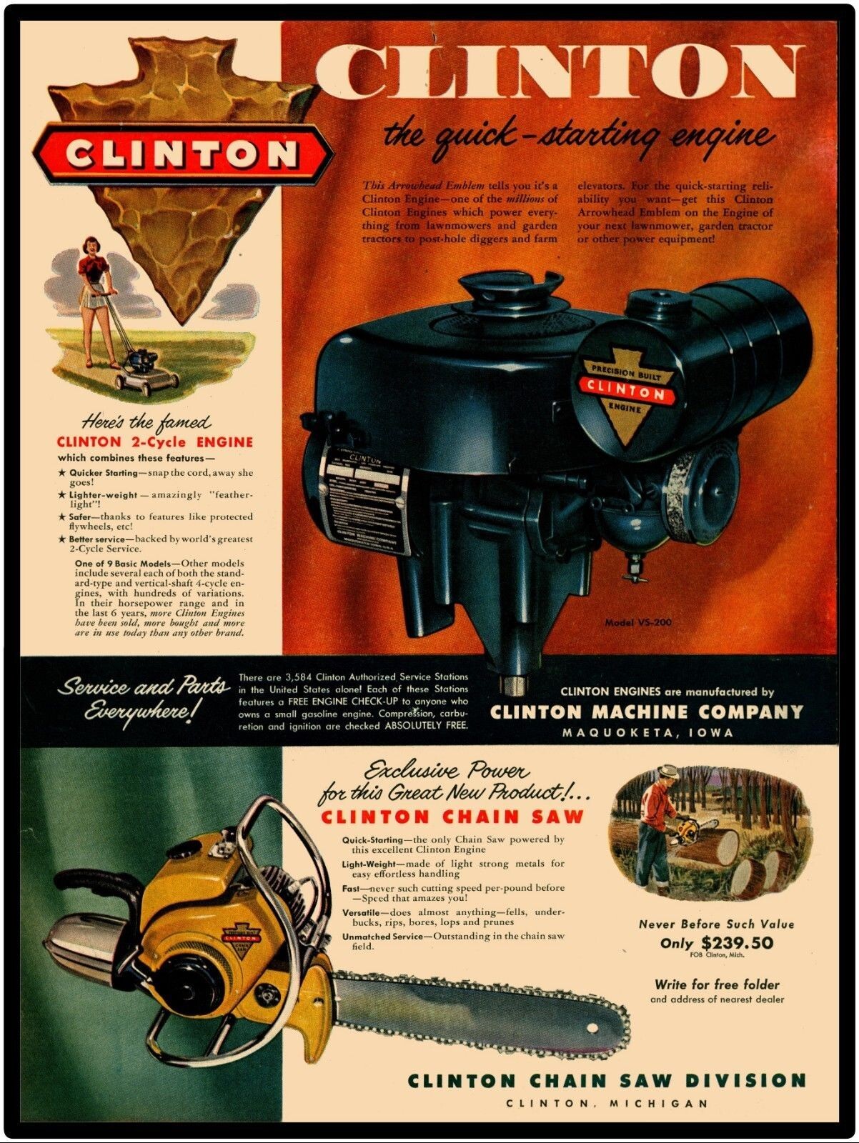 Clinton Chain Saws of Clinton, Michigan NEW Metal Sign 24"x30" USA ...