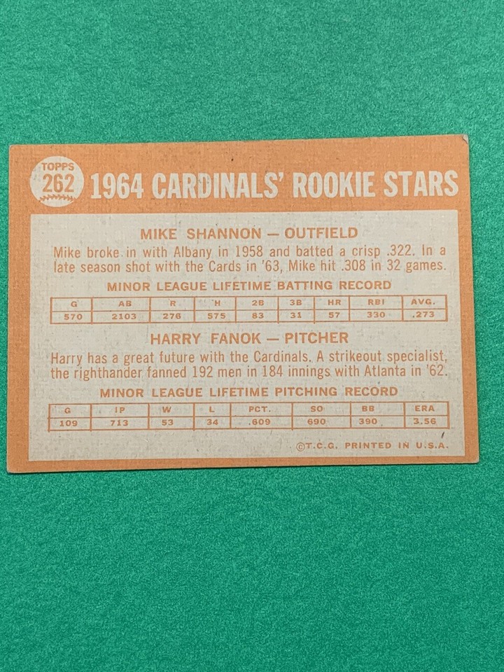 1964 TOPPS #262 1964 ROOKIE STARS ST. LOUIS CARDINALS (SHANNON,FANOK ...