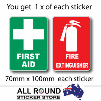 FIRE EXTINGUISHER & FIRST AID Sticker Sign Decal Set OHS WHS 100x70mm ...