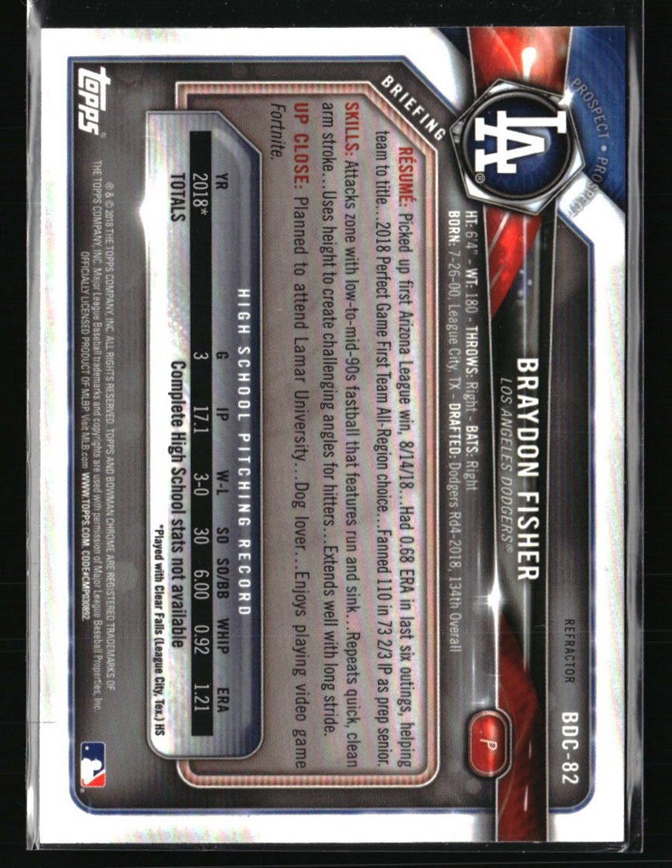 Braydon Fisher 2018 Bowman Chrome Draft Refractor #BDC-82 RC Baseball ...