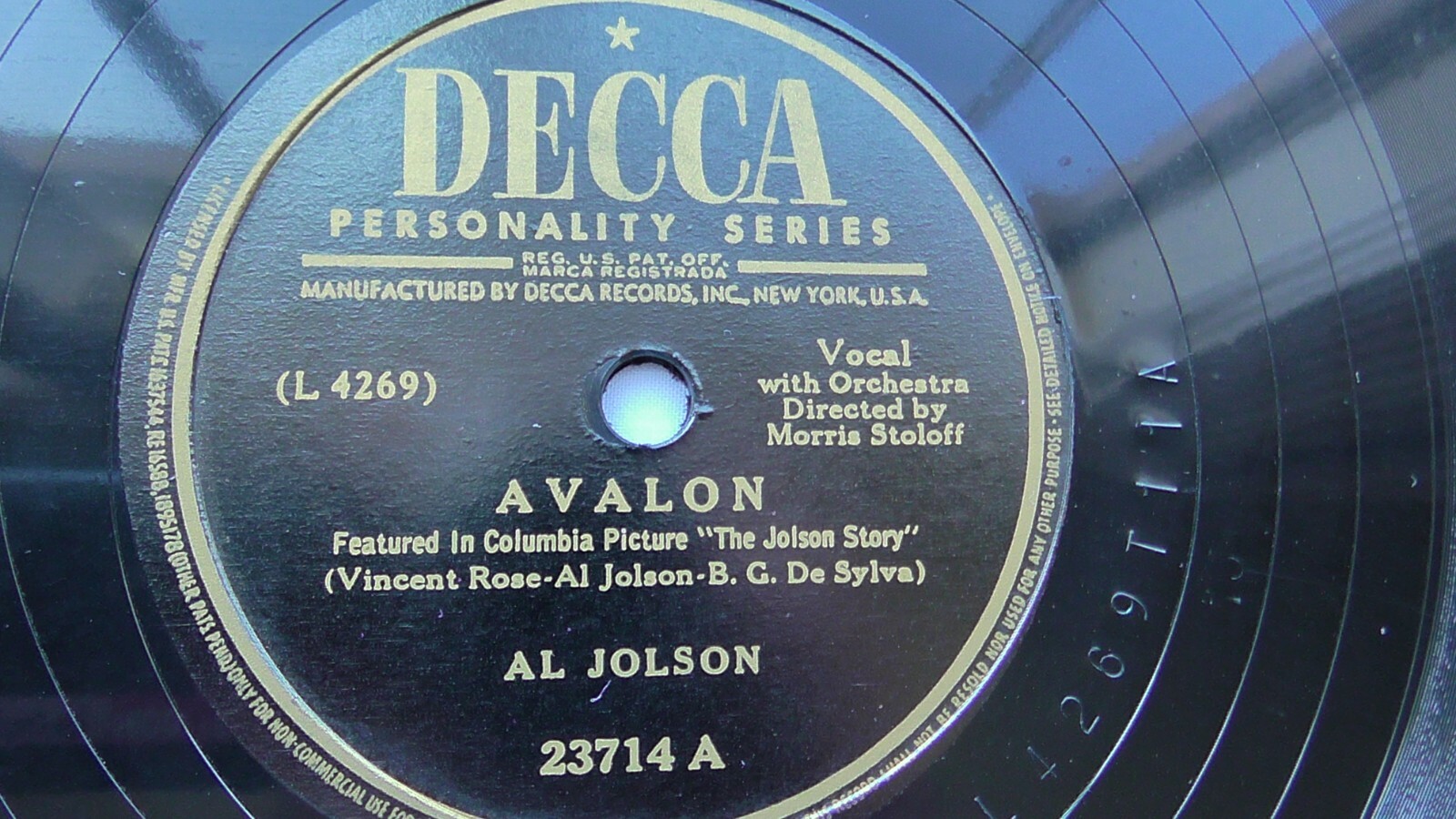 Al Jolson 78rpm Single 10-inch Decca Records #23714 Avalon ...